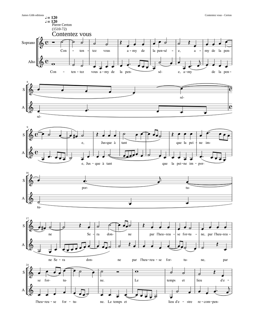 Contentez vous - Pierre Certon Sheet music for Soprano, Alto (Choral ...