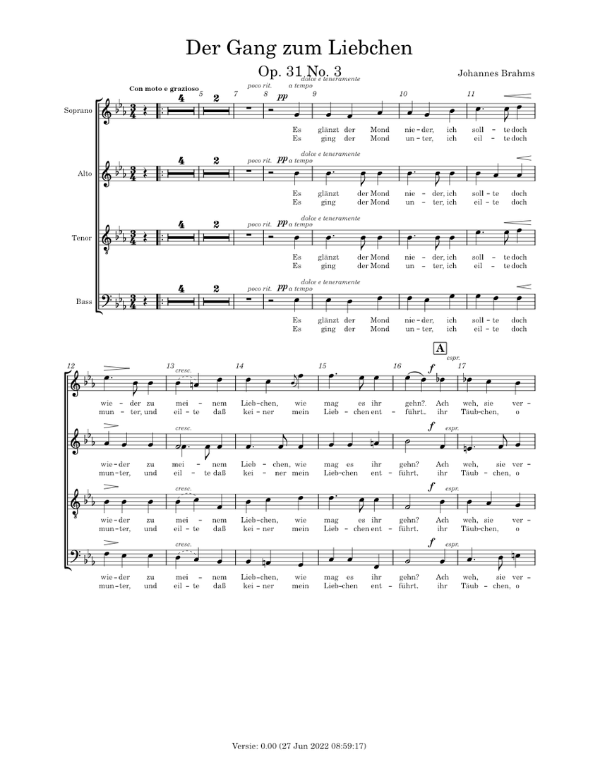 Der Gang zum Liebchen, Op. 31, No. 3 – Johannes Brahms Sheet music for ...