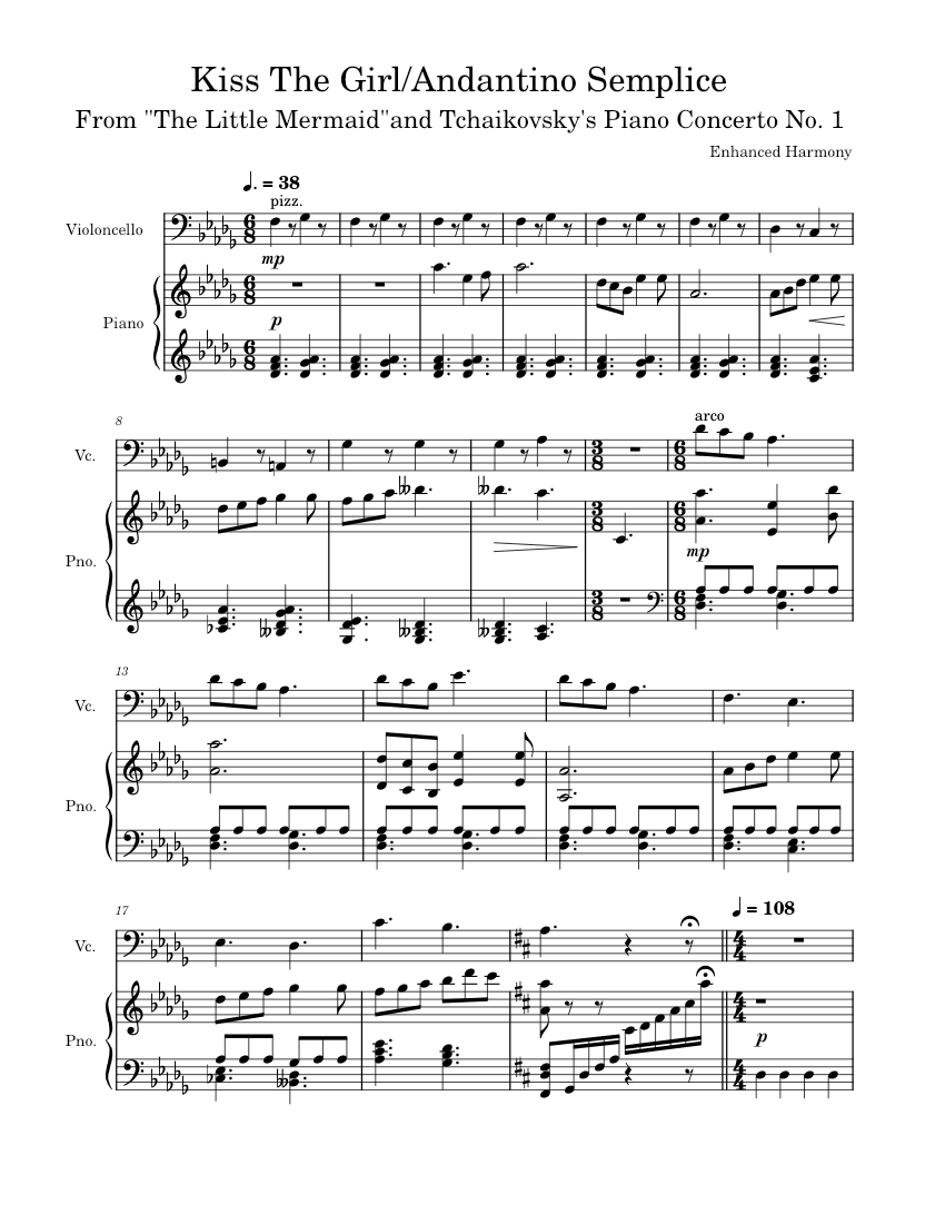 Kiss The Girl/Andantino Semplice(piano/cello) Enhanced Harmony Sheet ...