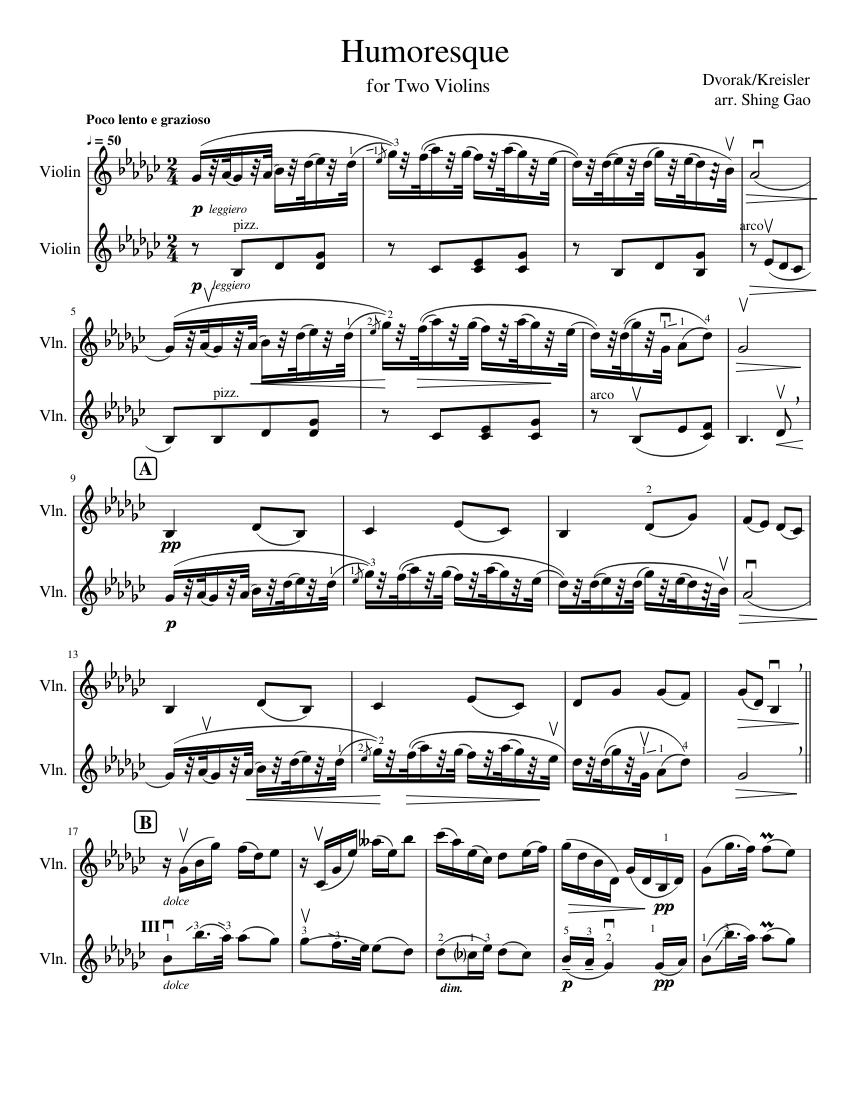 Humoresque (arr. for Two Violins) Sheet Music for Violin (String Duet ...