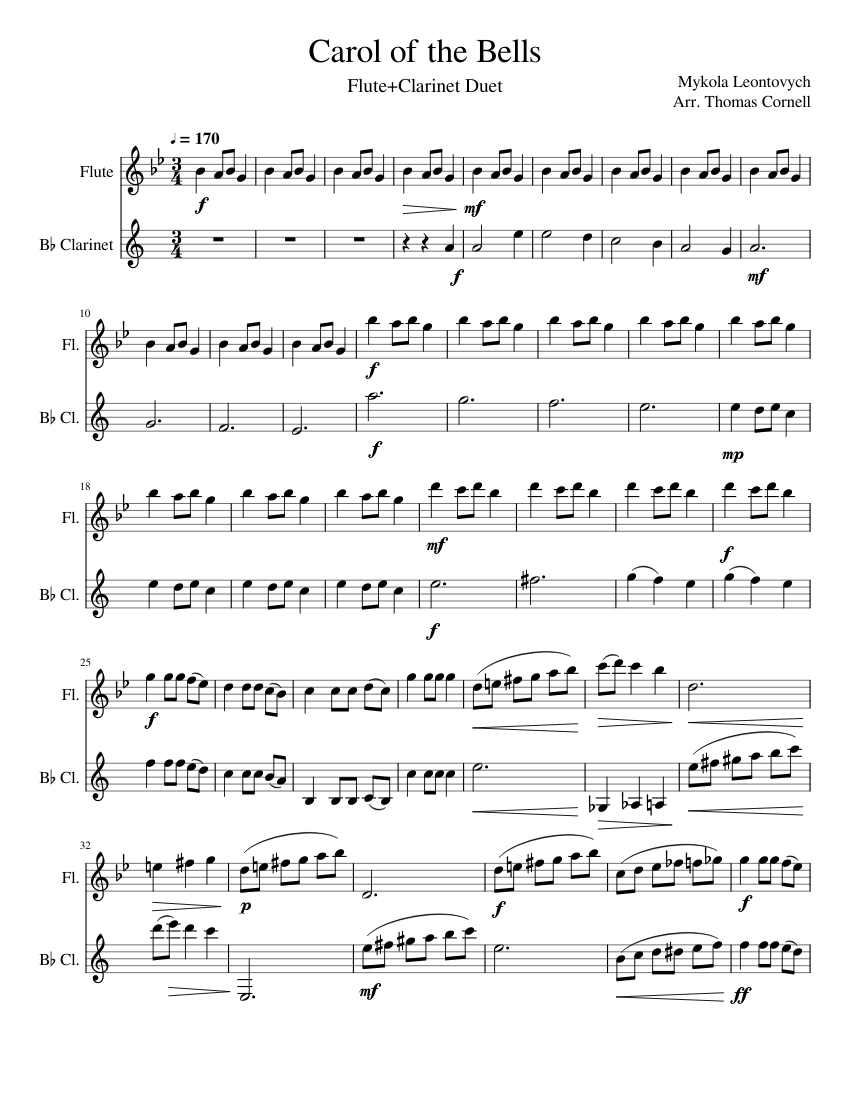 Carol of the Bells Sheet music for Flute, Clarinet in b-flat (Woodwind ...