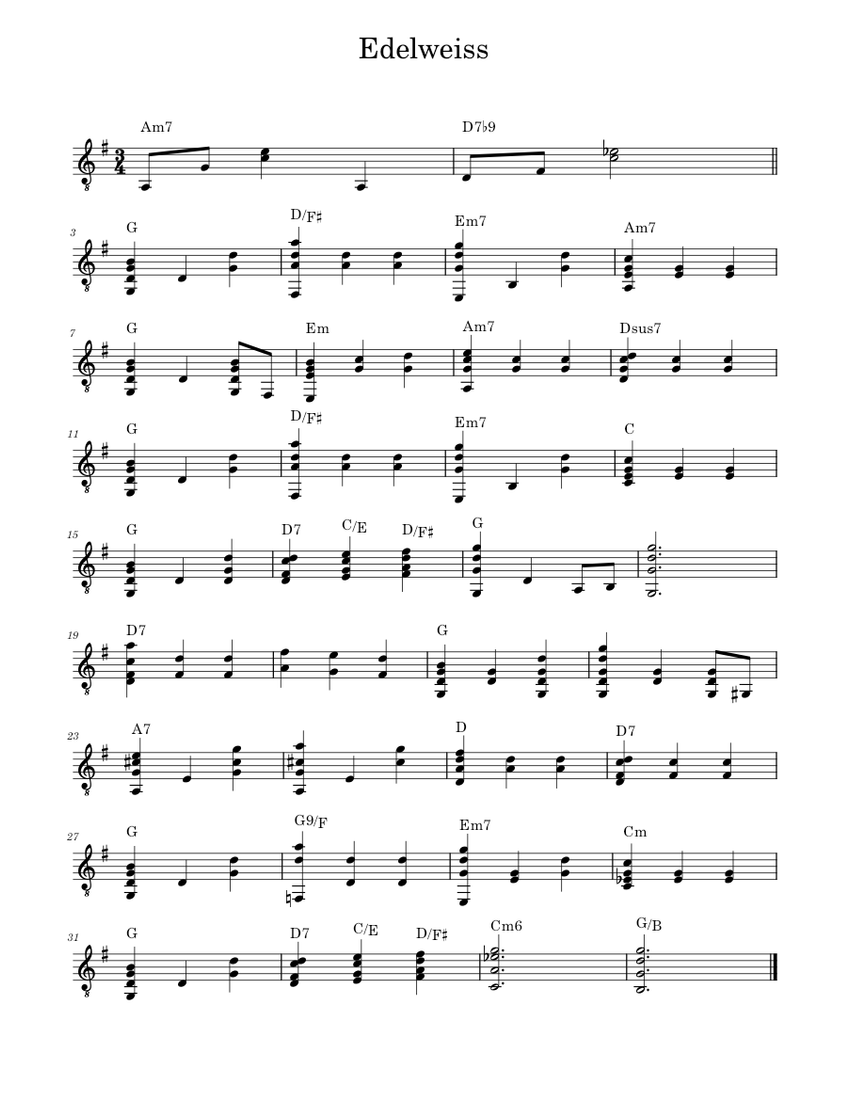 Edelweiss Sheet Music with Chords for Guitar (Solo) | MuseScore.com
