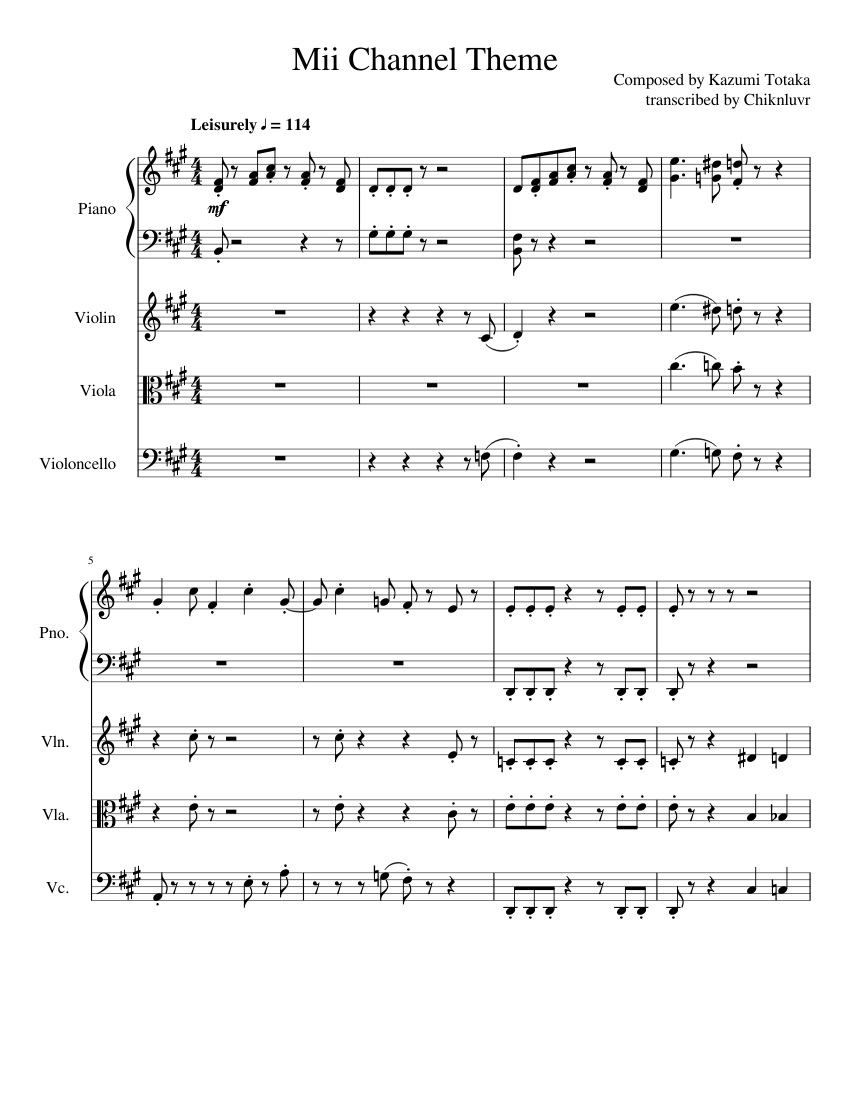 Mii Channel Theme Sheet music for Piano, Violin, Viola, Cello (Piano ...