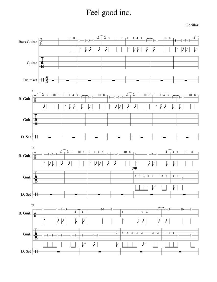 Feel good inc. Sheet Music and Tab for Guitar, Bass guitar, Drum group ...