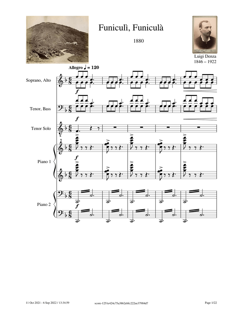 Funiculì, Funiculà – Luigi Denza Sheet music for Piano, Soprano, Tenor ...