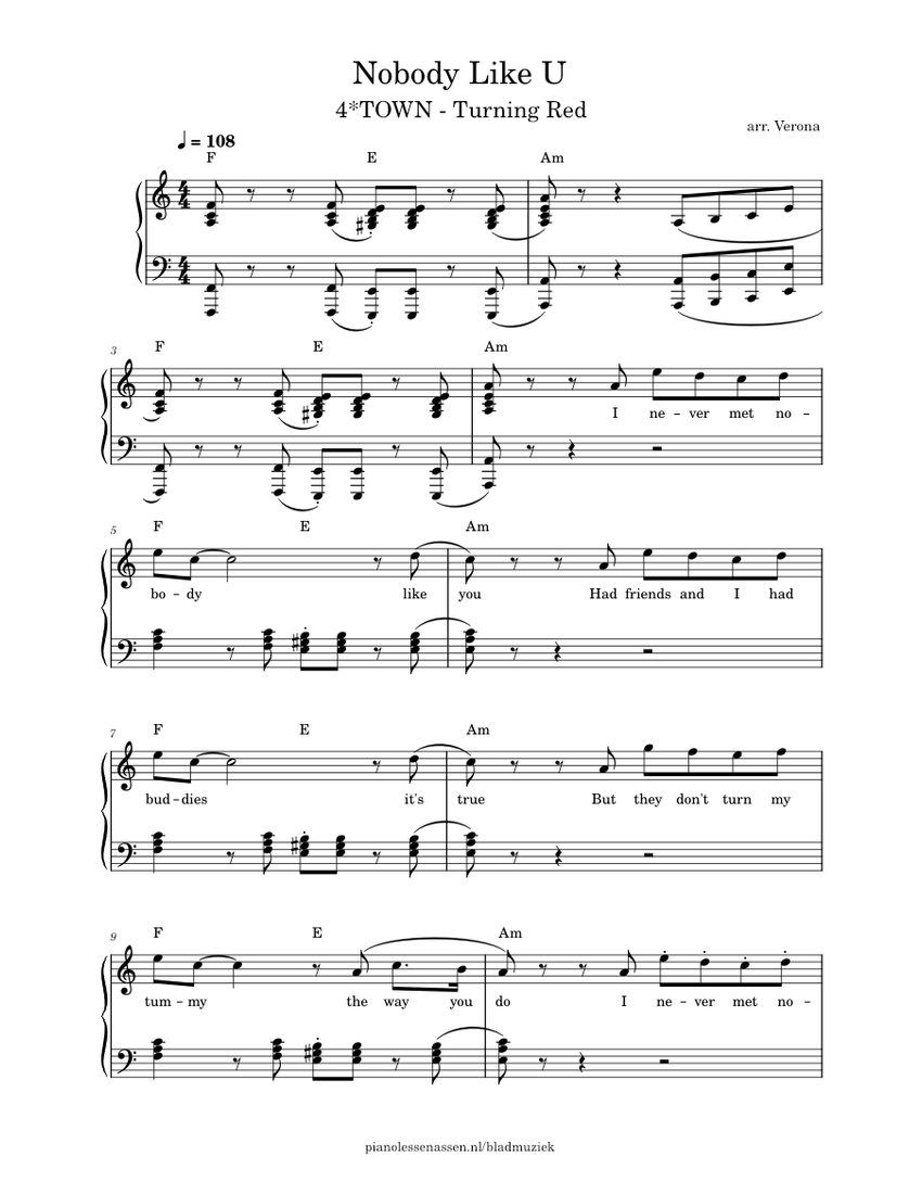 Nobody Like U - Turning Red 4*Town (lyrics & chords) Sheet music for ...