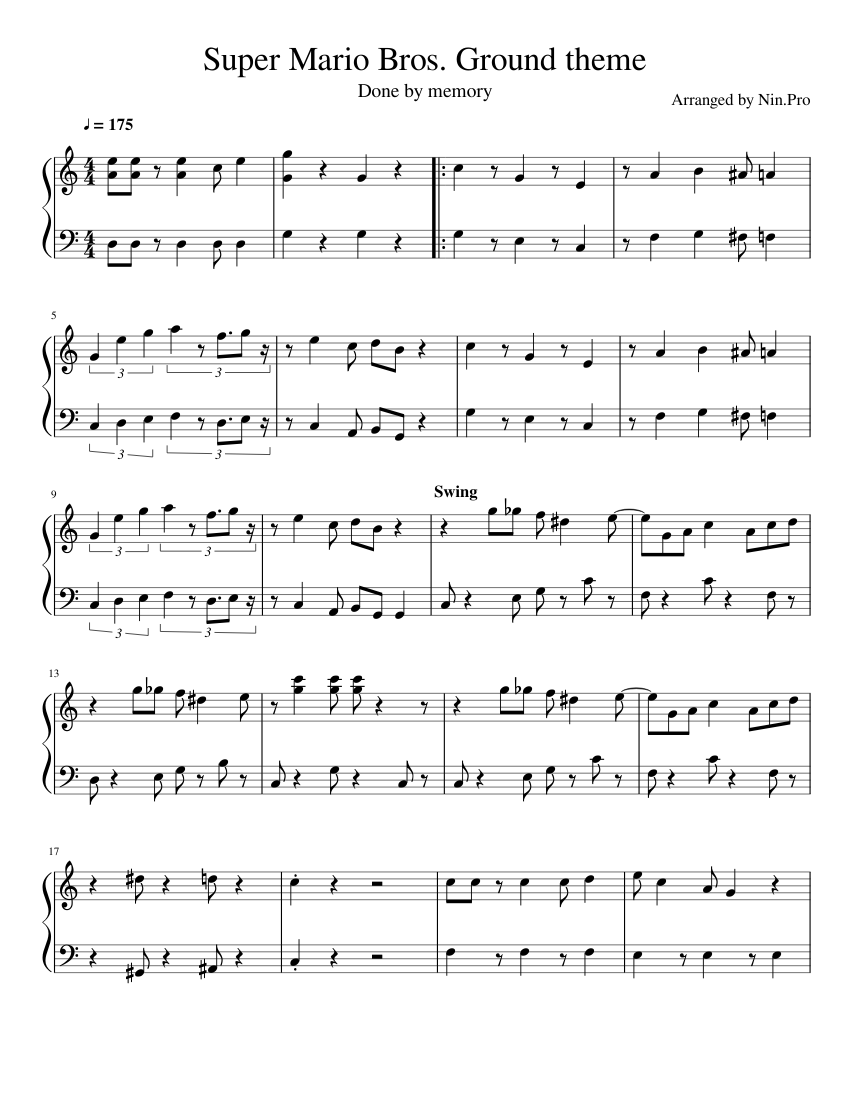 Super Mario Bros. Ground theme Sheet Music for Piano (Solo) Easy ...