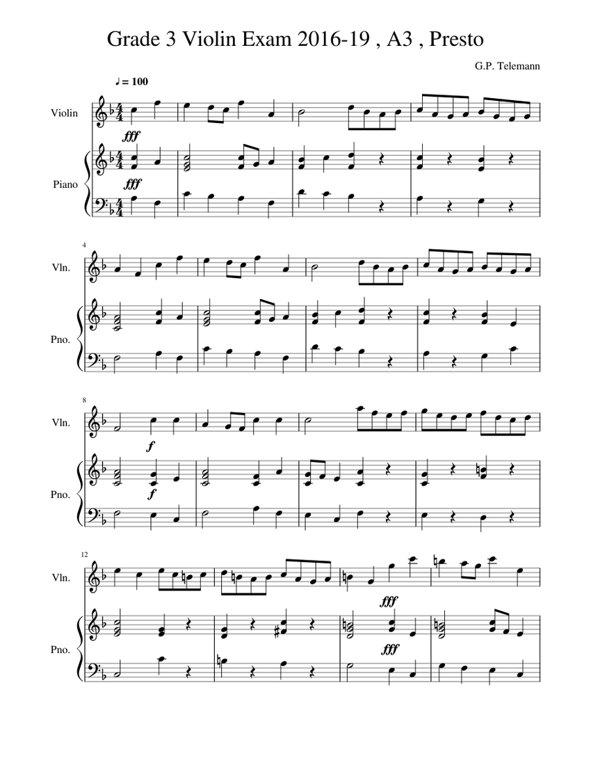 Grade 3 Violin Exam 2016-19 , A3 , Presto Sheet music for Piano, Violin ...
