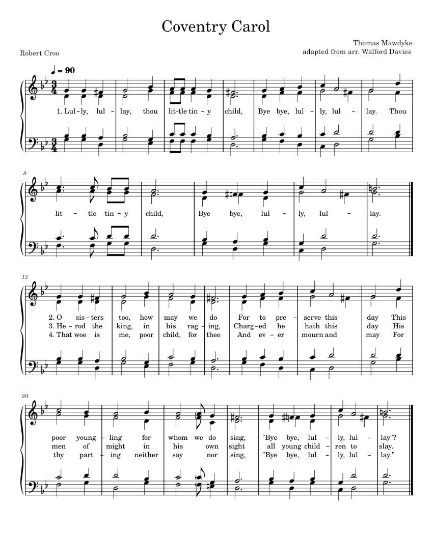 Coventry Carol (4 part hymn arrangement) Sheet Music for Piano (SATB ...