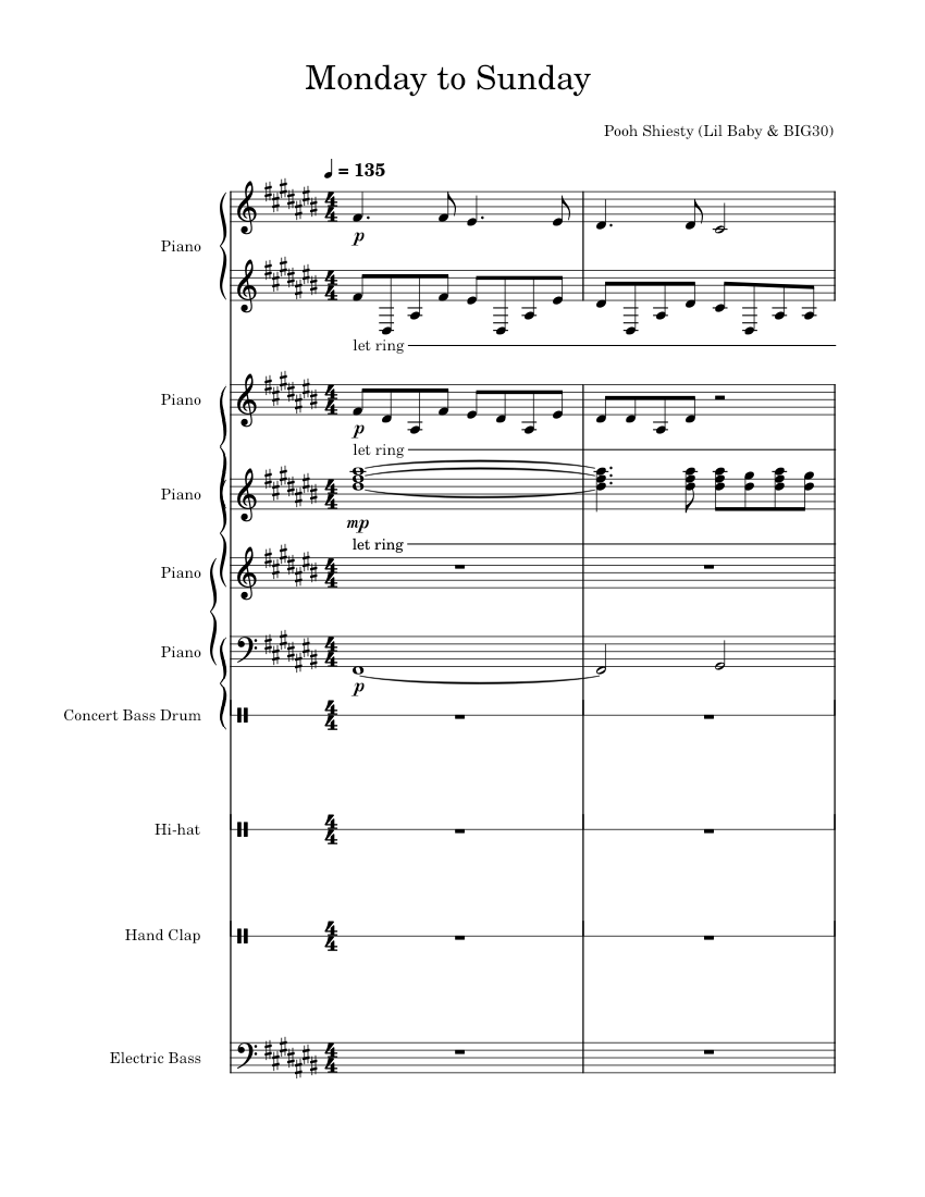Monday to Sunday Sheet music for Piano, Bass guitar, Bass drum, Hand ...