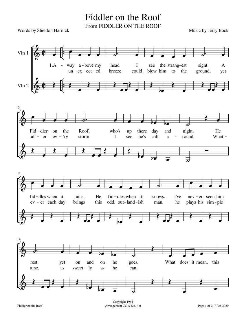 Fiddler on the Roof Sheet Music for Violin (String Duet) | MuseScore.com