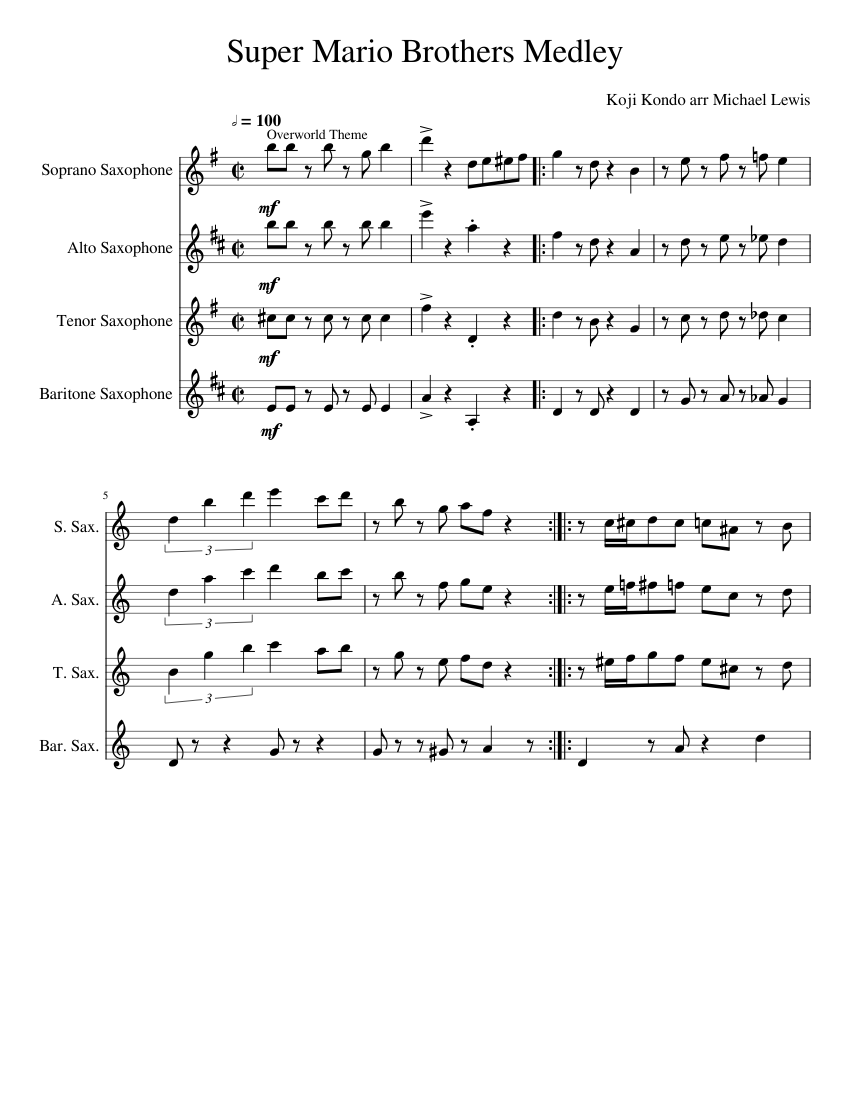 Super Mario Brothers Medley - Sax Quartet Sheet Music for Saxophone ...