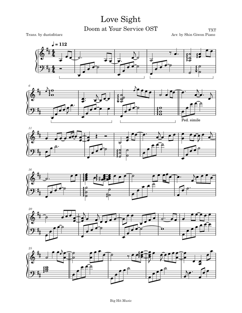 Love Sight - TXT (Doom at Your Service OST) (Shin Giwon Piano) Sheet ...