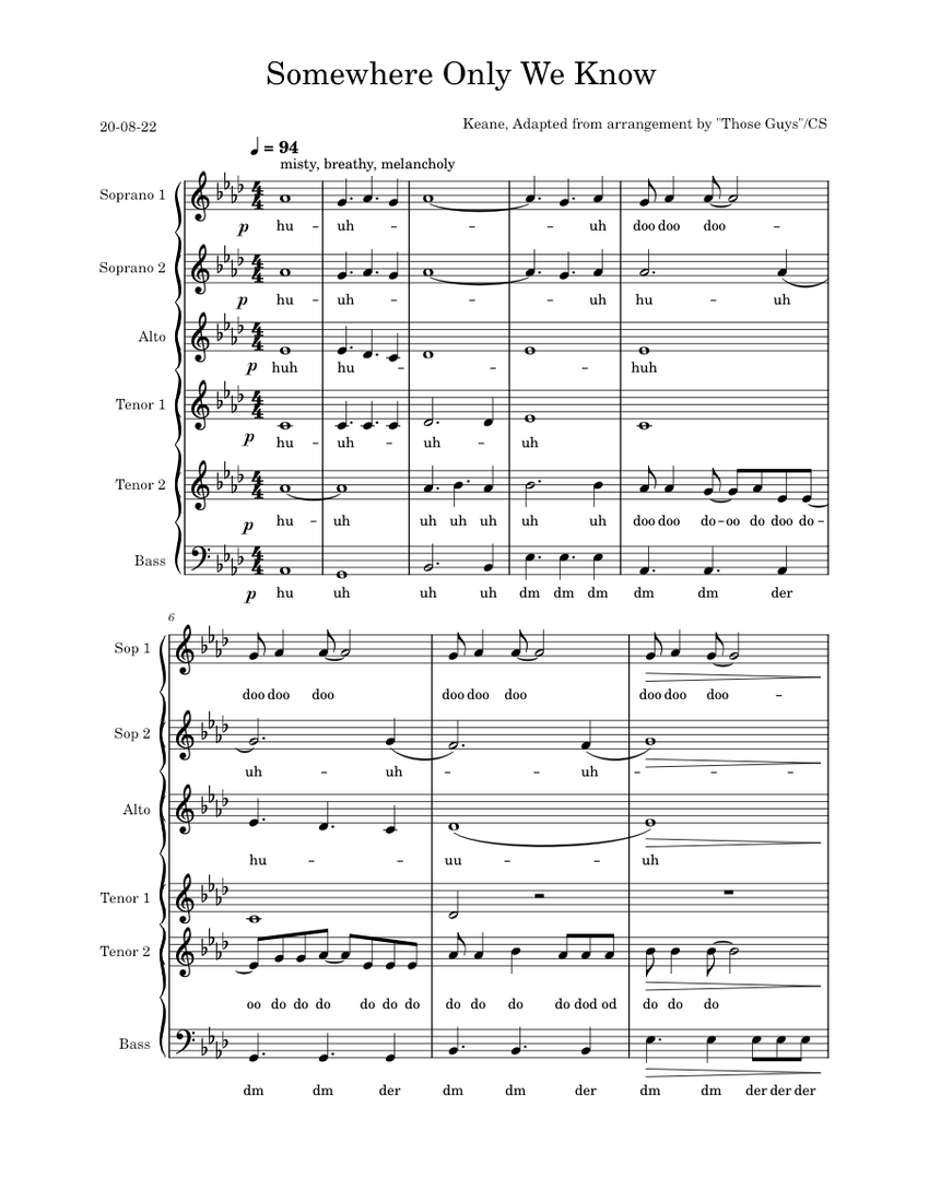 Somewhere Only We Know – Keane Sheet Music for Piano (SATB) | MuseScore.com