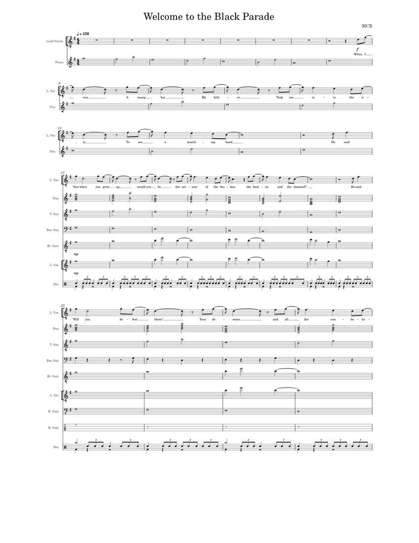 Welcome to the Black Parade - MCR Sheet Music and Tab for Piano, Vocals ...