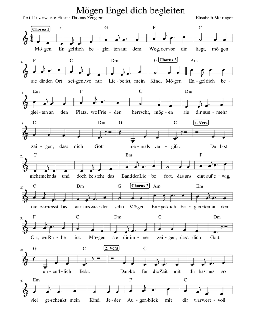 Mögen Engel Dich begleiten (Version für verwaiste Eltern) Sheet Music ...