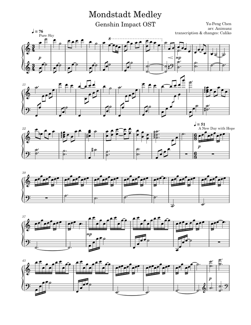 Genshin Impact OST - Mondstadt Medley Piano Sheet Music for Piano (Solo ...