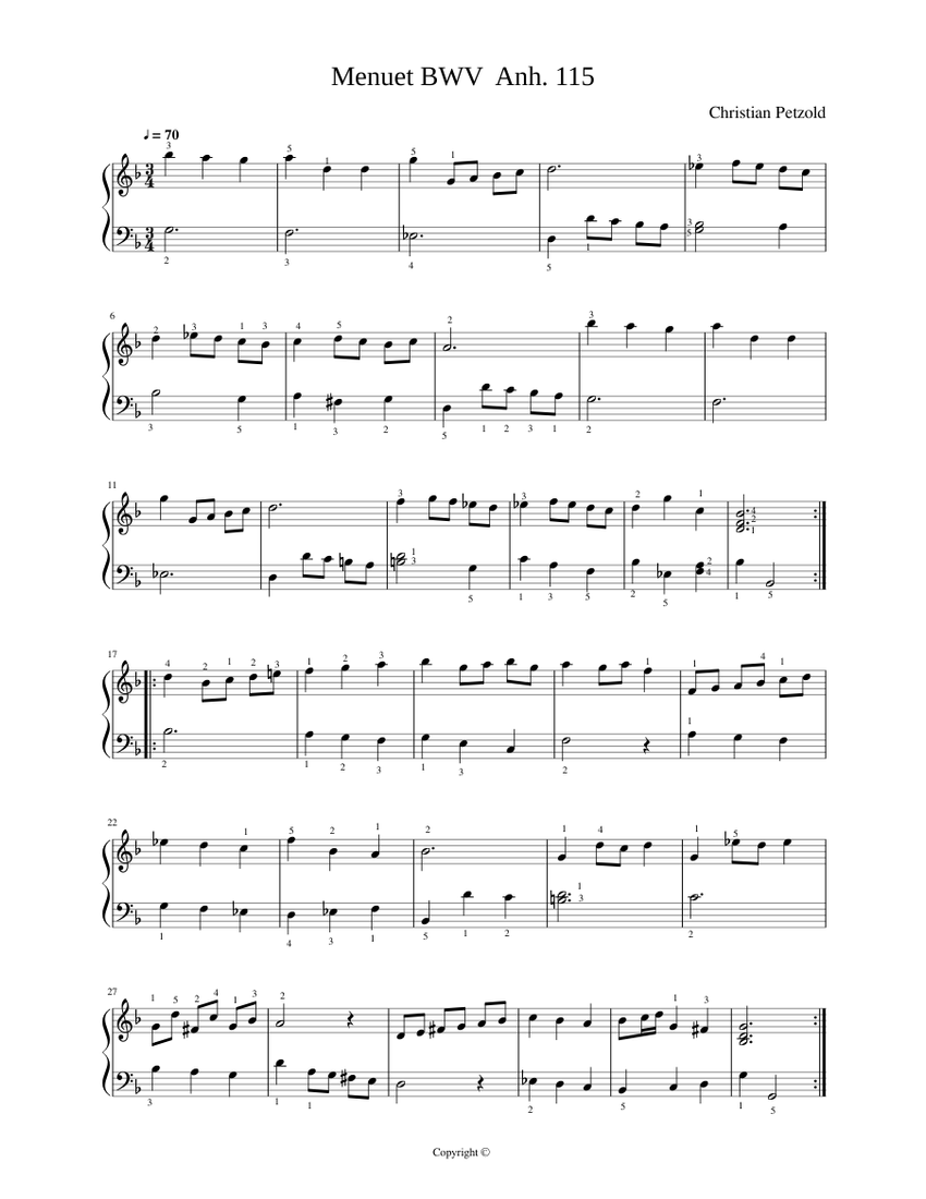 Menuet BWV Anh 115 Sheet music for Piano (Solo) Easy | Musescore.com
