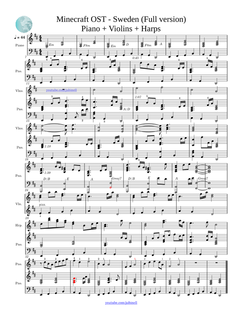 Minecraft - Sweden Music Sheet | Piano + Violin + Harps & Fingerings ...
