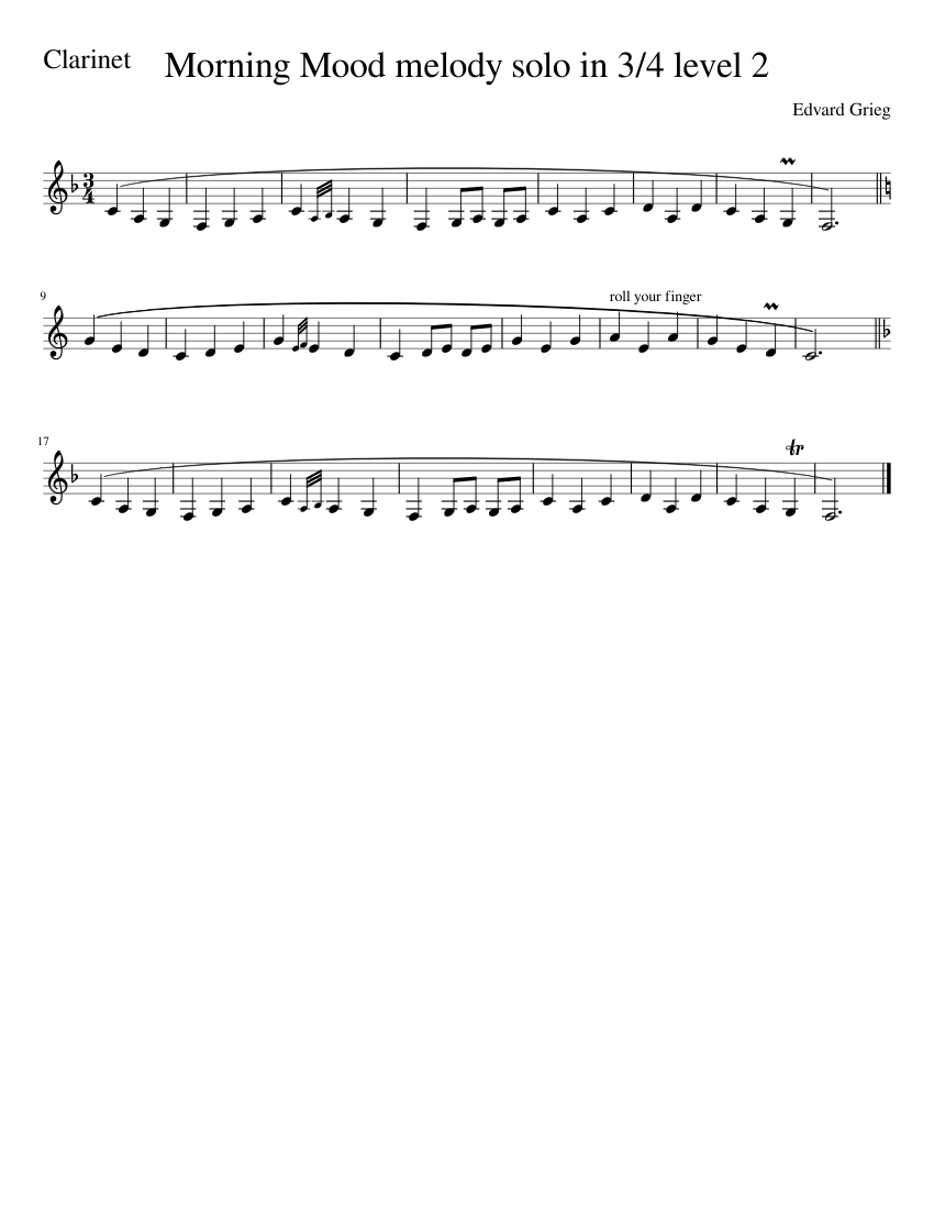 Morning Mood melody solo clarinet level 2 Sheet Music for Piano (Solo ...