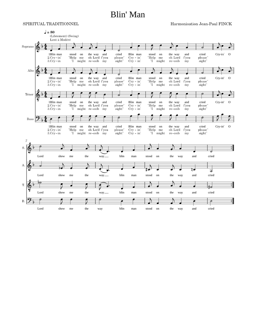 Blin' Man – Misc Traditional Sheet Music for Soprano, Alto, Tenor, Bass ...