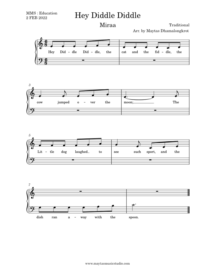 Hey Diddle Diddle [EASY] - Traditional Sheet Music for Piano (Solo ...