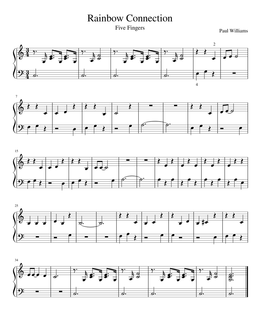 Rainbow Connection Five Fingers Sheet Music for Piano (Solo) Easy ...