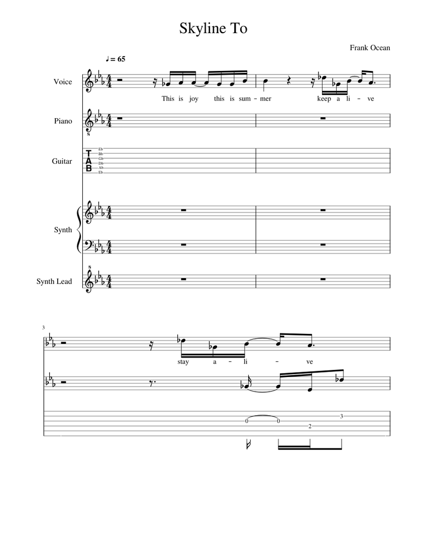 Skyline To - Frank Ocean Sheet Music and Tab for Piano, Vocals, Guitar ...