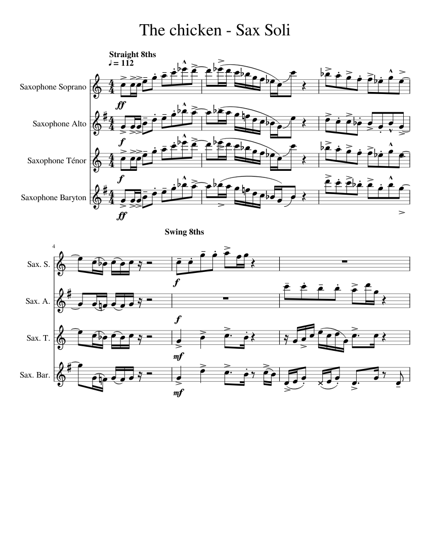 The chicken - Sax quartet (transcription) Sheet Music for Saxophone ...