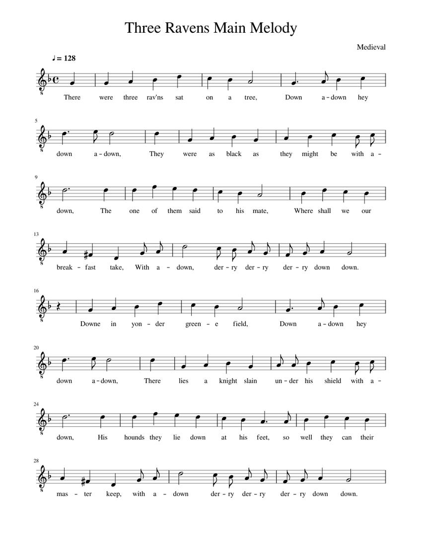Three Ravens Main Melody Sheet music for Piano (SATB) Easy | Musescore.com