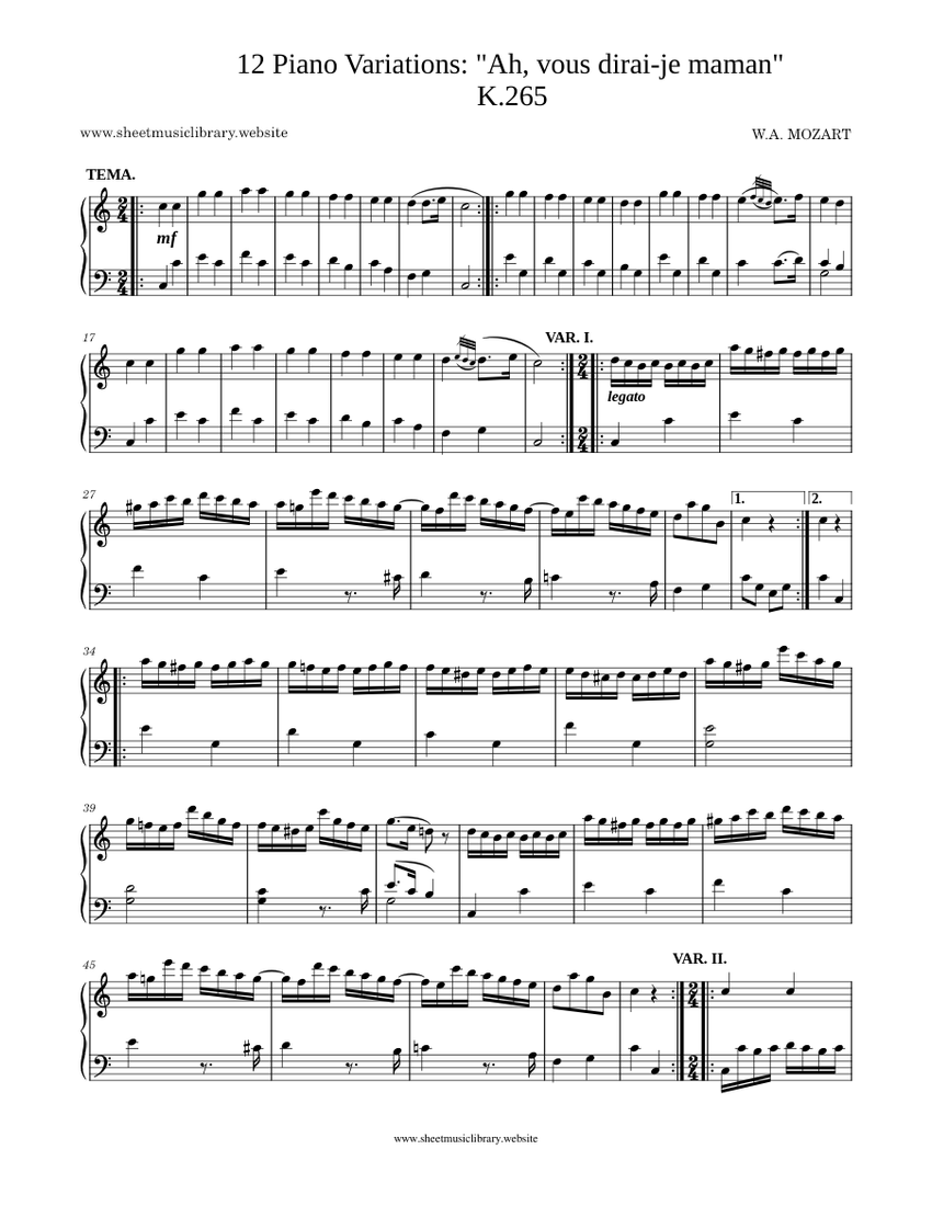 12 Piano Variations on "Ah, vous dirai-je maman", K.265/300e – Wolfgang ...