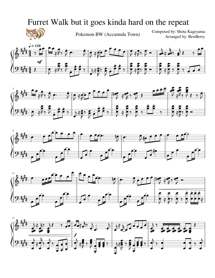 Furret Walk but it goes kinda hard on the repeat Sheet music for Piano ...