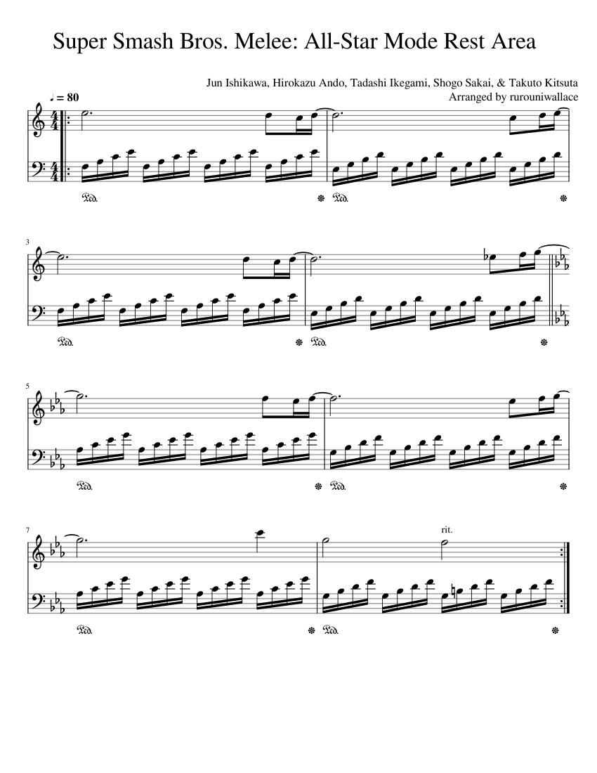 Super Smash Bros. Melee All-Star Mode Rest Area Sheet Music for Piano ...