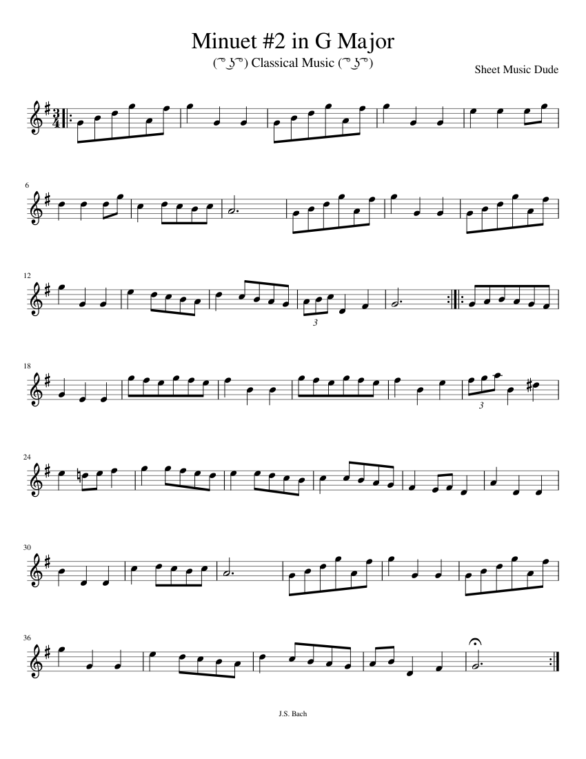 J.S. Bach - Minuet #2 in G Major - Violin Solo Sheet Music for Violin ...