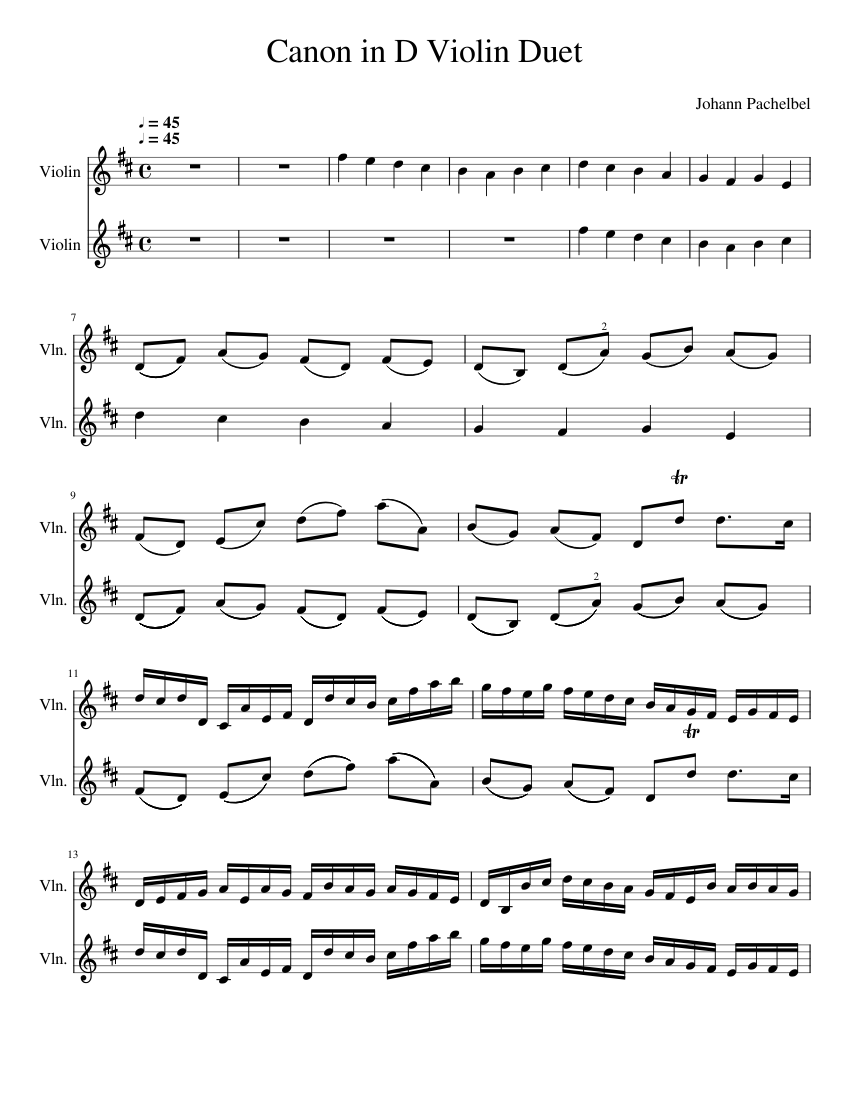 Canon in D Violin Duet without fingerings so far first draft Sheet ...