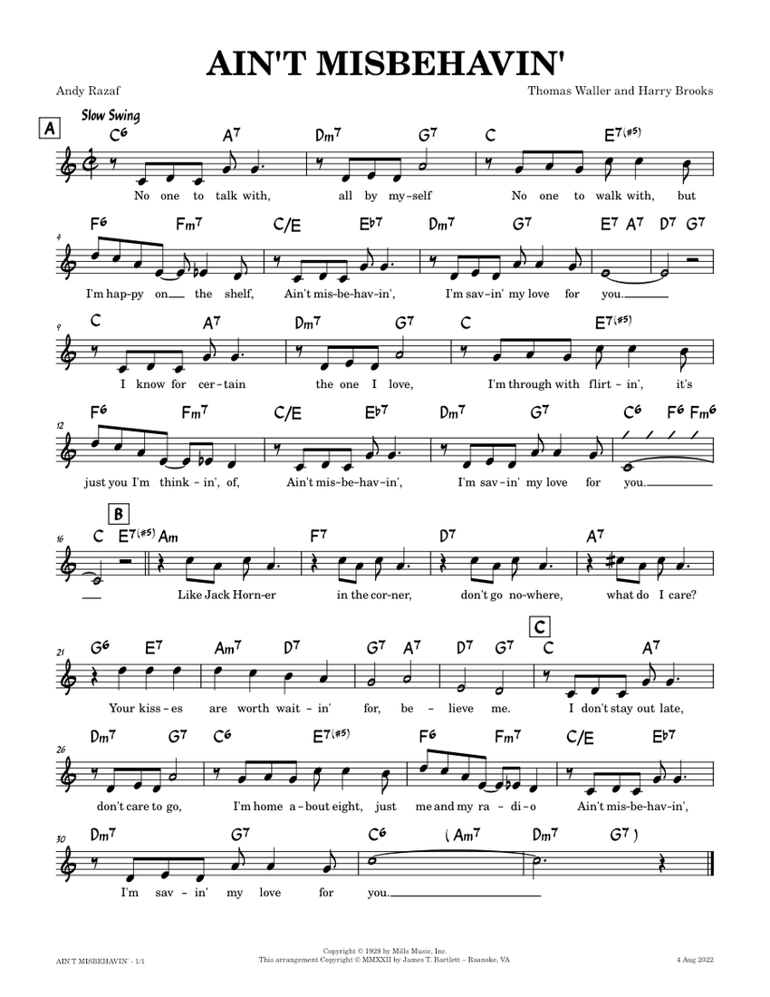 Ain't Misbehavin' [lead sheet - C] Sheet Music with Chords for Piano (Solo) Easy | MuseScore.com
