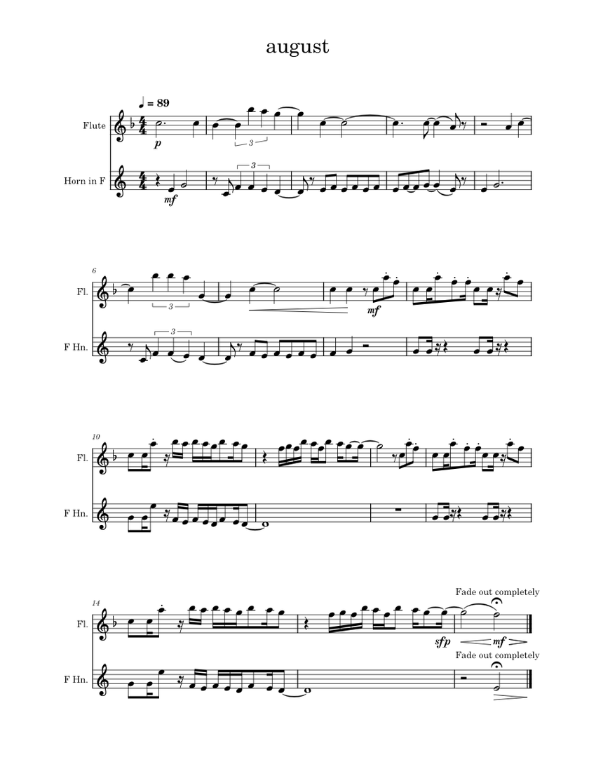 August – Taylor Swift (Flute and French Horn Duet) Sheet Music for ...