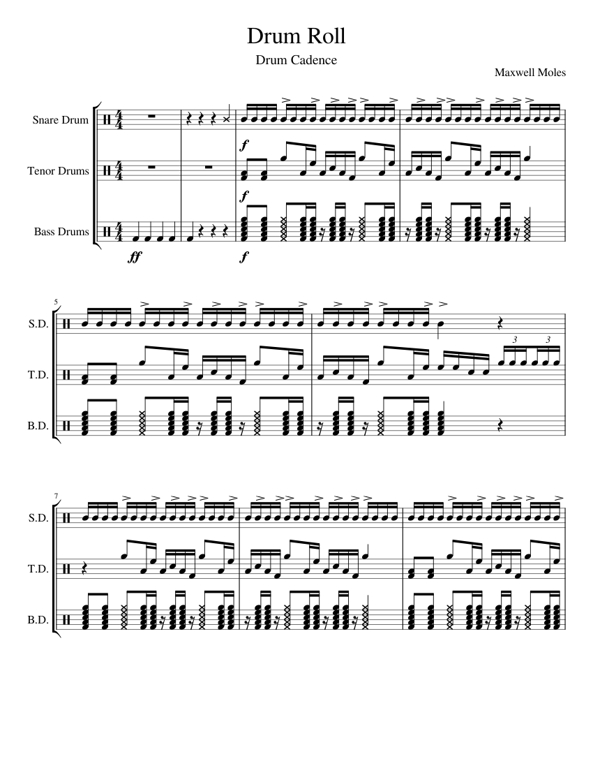 Drum Roll Cadence Sheet Music for Snare drum, Tenor drum, Bass drum ...