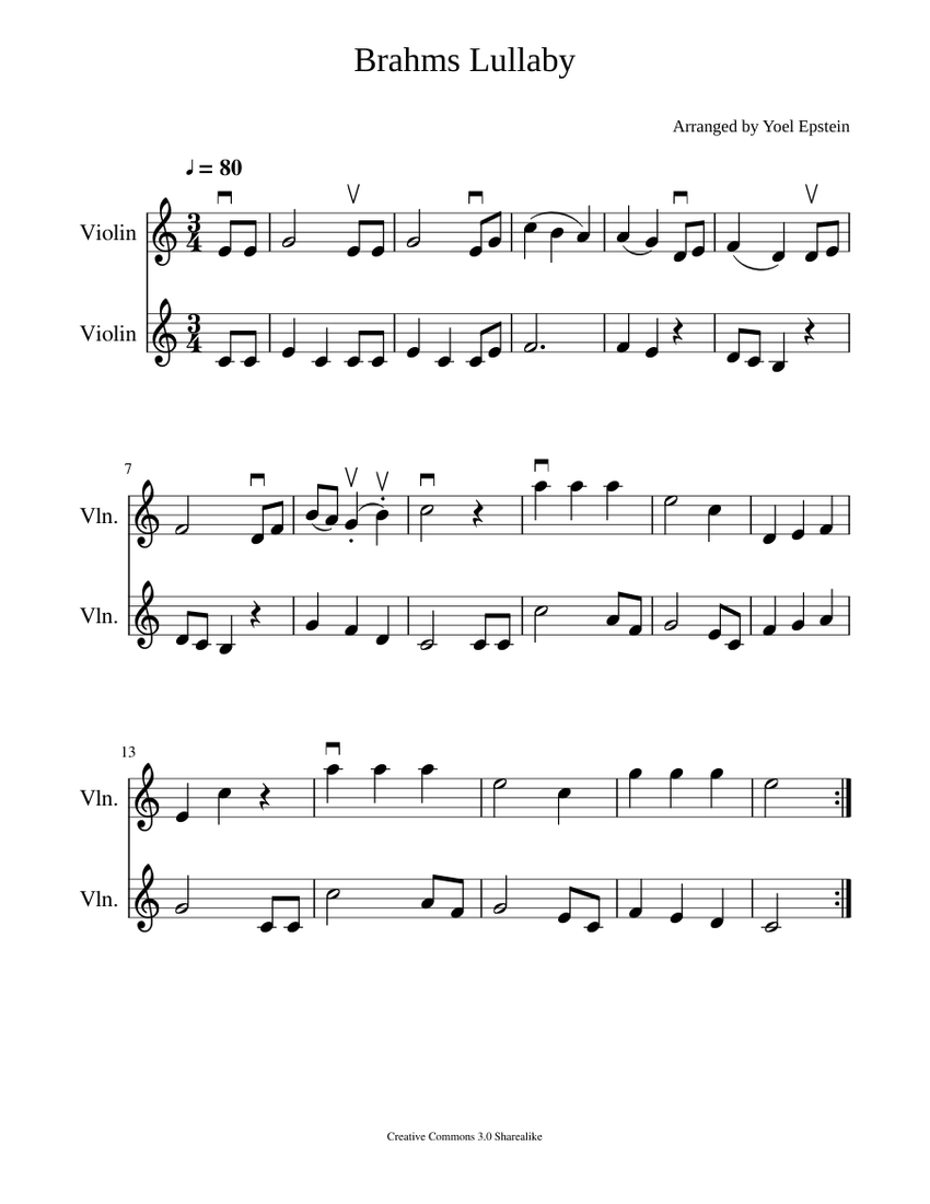 Brahms lullaby 2 vlns Sheet Music for Violin (String Duet) | MuseScore.com