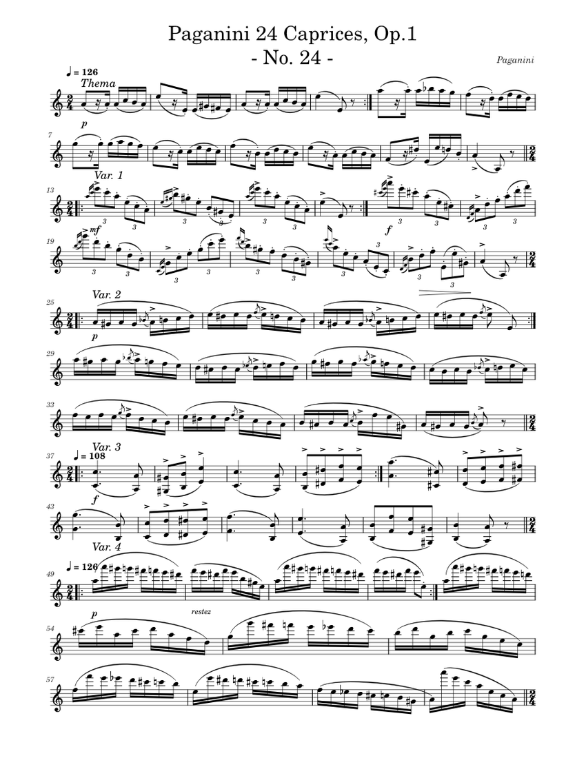 24 Caprices, Op.1 - No. 24 - Paganini Sheet Music for Violin (Solo ...
