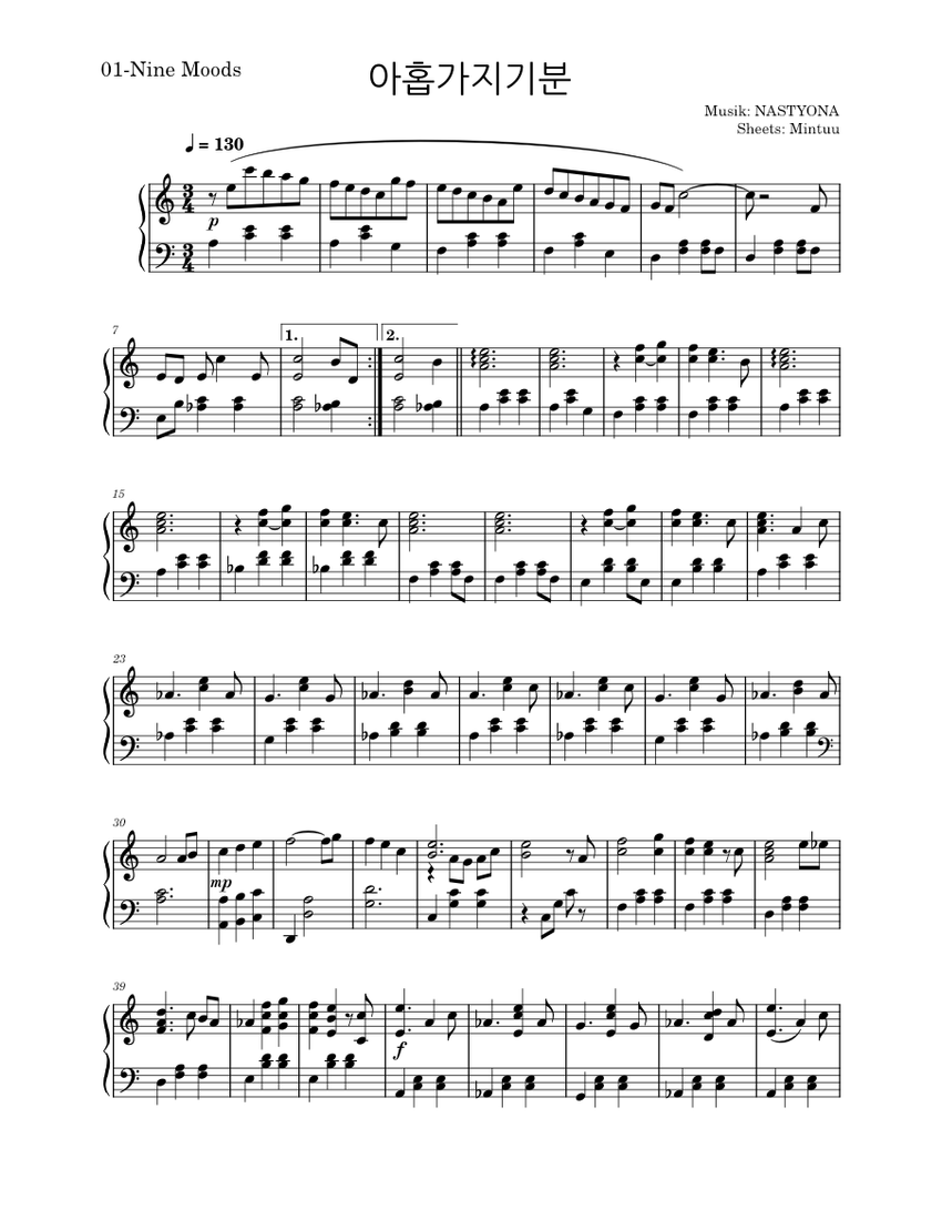 아홉가지 기분 – Nastyona Sheet Music for Piano (Solo) | MuseScore.com