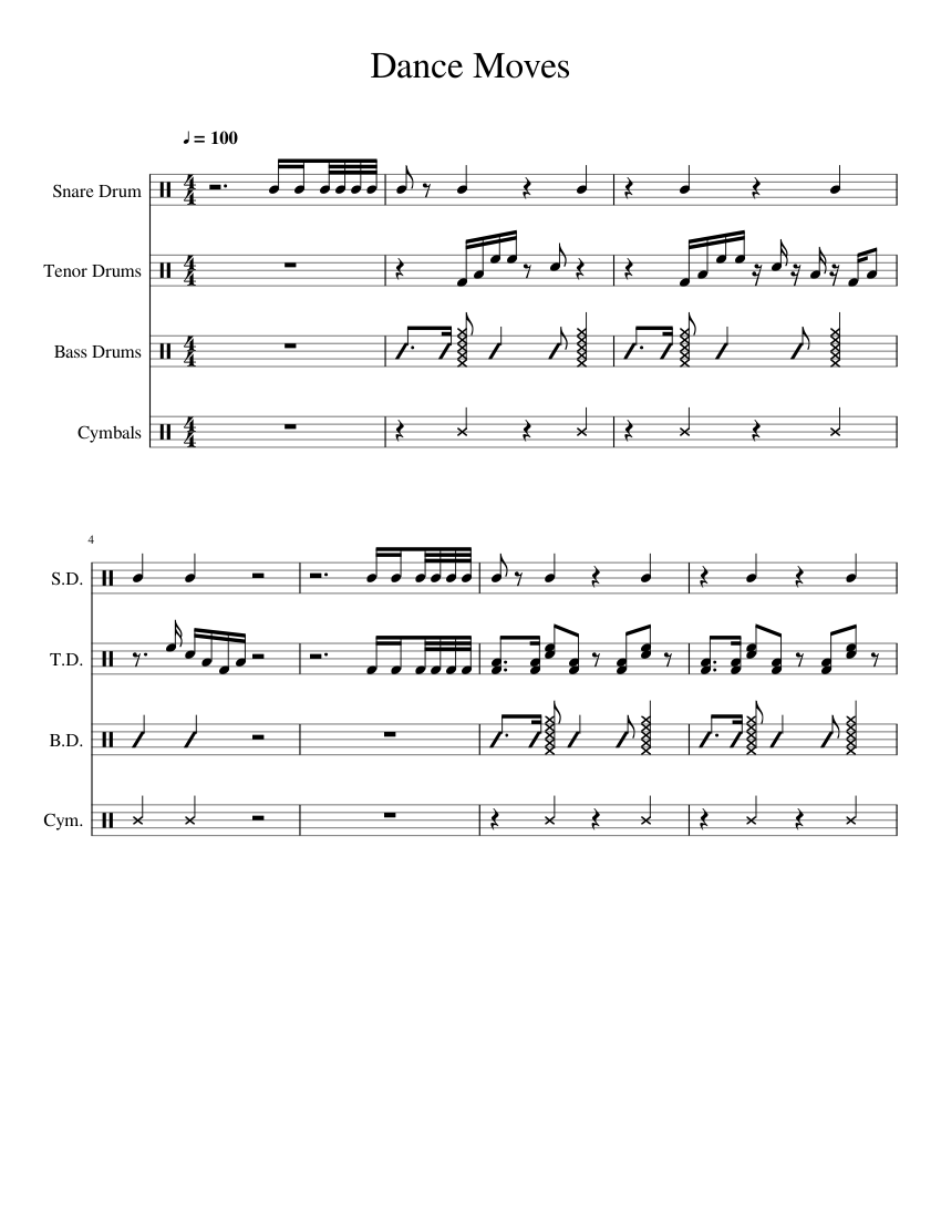 Dance Moves (Drumline Cadence) Sheet Music for Snare drum, Crash, Tenor ...