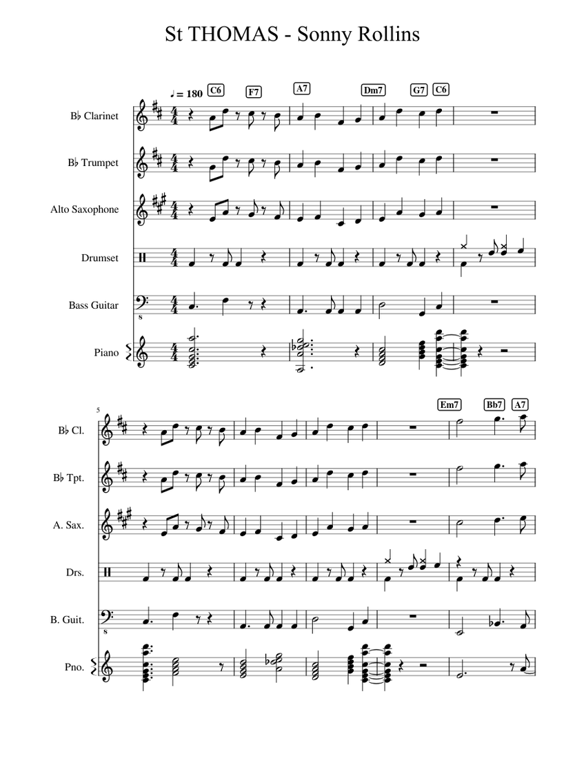 St Thomas Sheet Music with Chords for Piano, Clarinet in b-flat ...