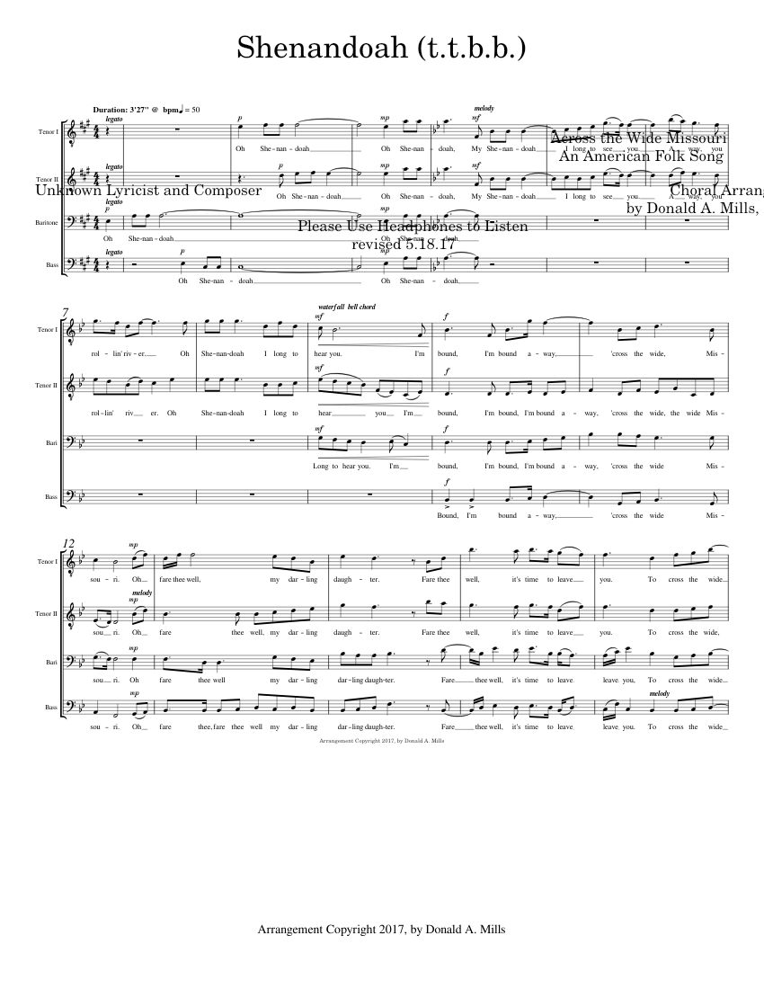 Shenandoah t.t.b.b. 1 3 Sheet music for Tenor, Bass voice, Baritone ...