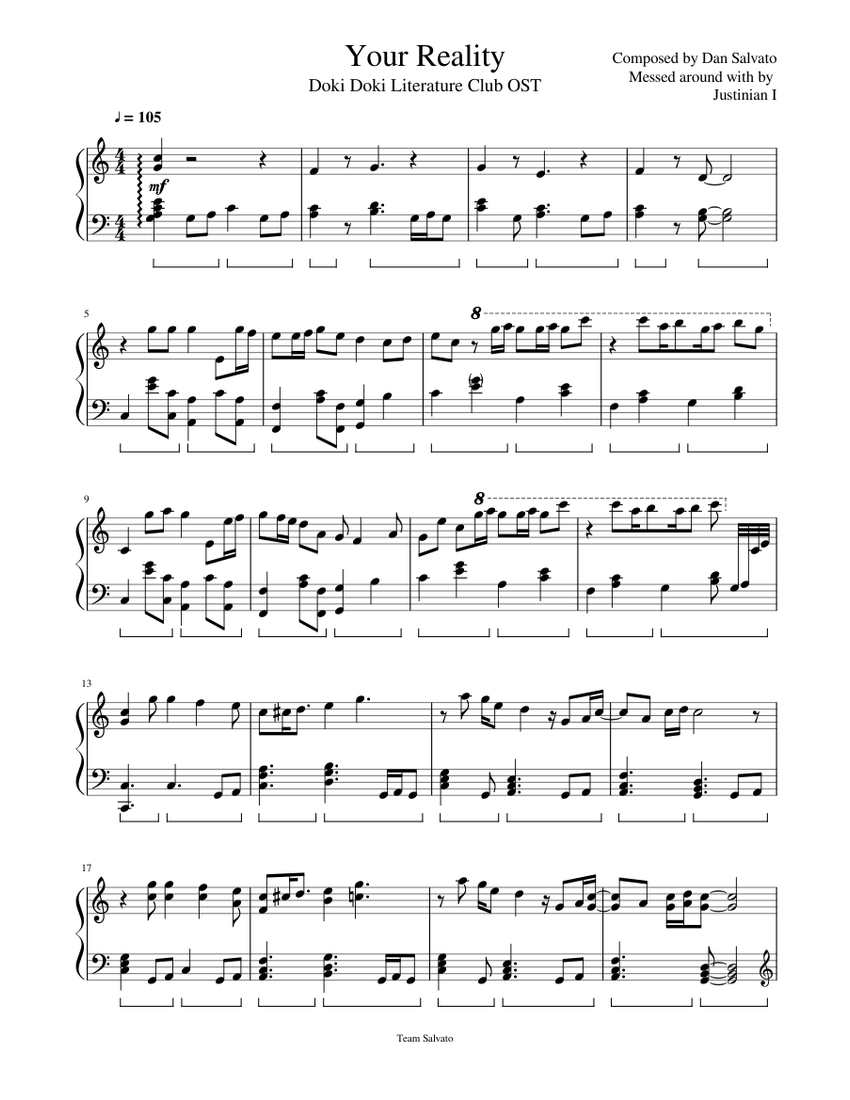 Your Reality- From Doki Doki Literature club (stand alone piano) Sheet ...
