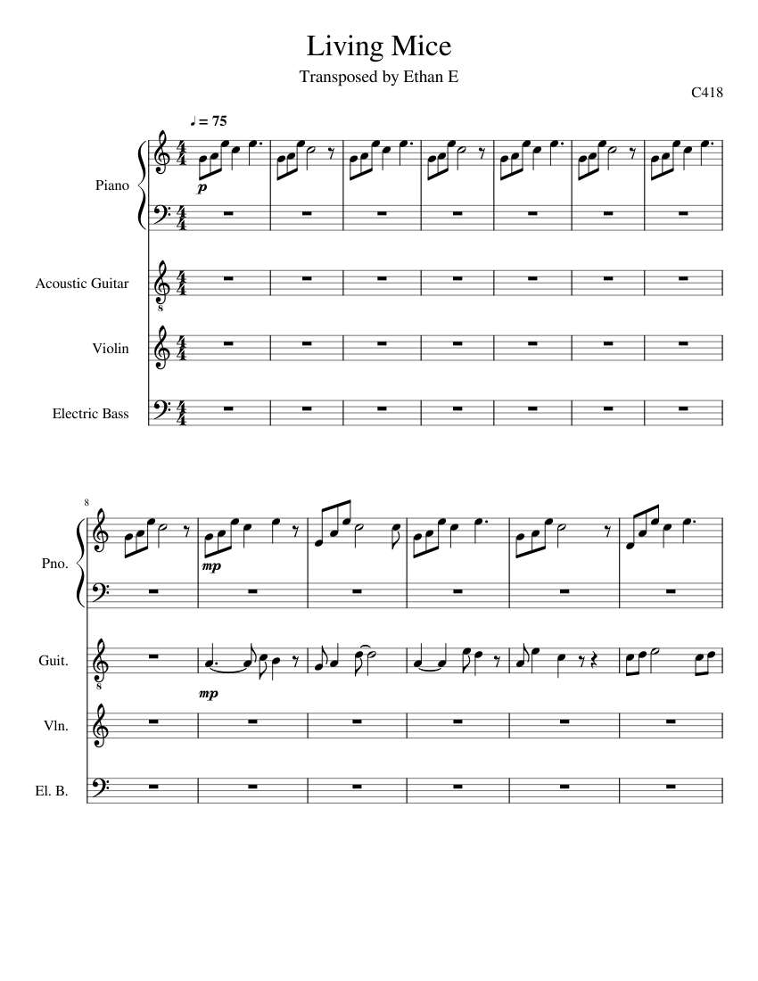 Living Mice WIP Sheet Music for Piano, Violin, Guitar, Bass guitar ...