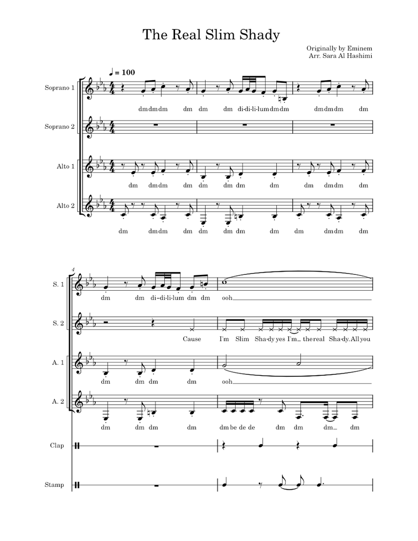 The Real Slim Shady Sheet Music for Soprano, Alto, Hand clap, Stamp (A ...