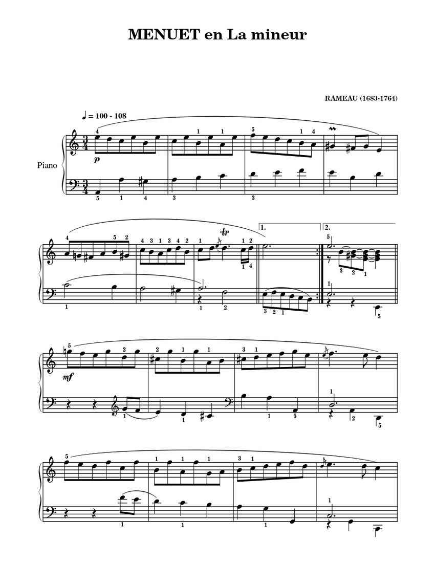 MENUET en La mineur – Jean-Philippe Rameau Sheet music for Piano (Solo ...