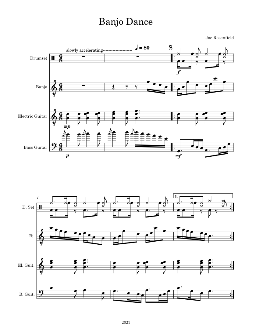 Banjo Dance Sheet music for Guitar, Bass guitar, Drum group, Banjo ...