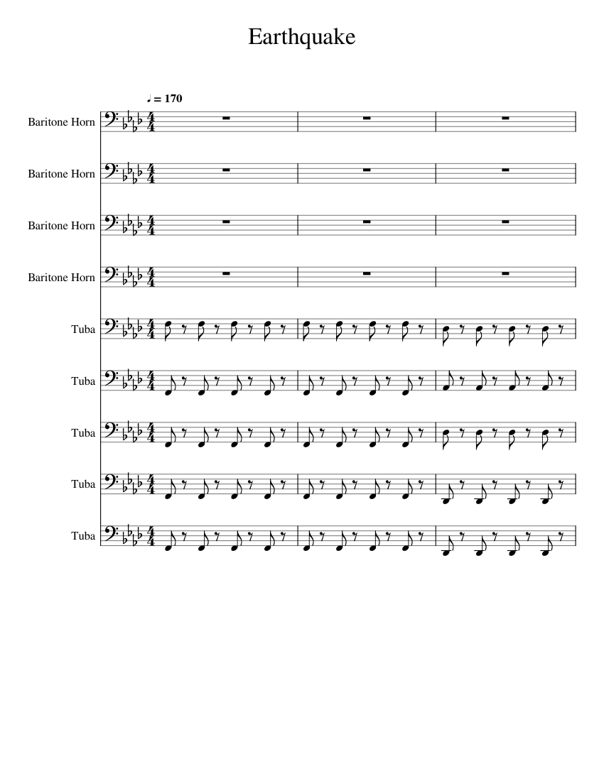 Earthquake Full Low Brass Sheet Music for Tuba, Baritone horn (Brass ...
